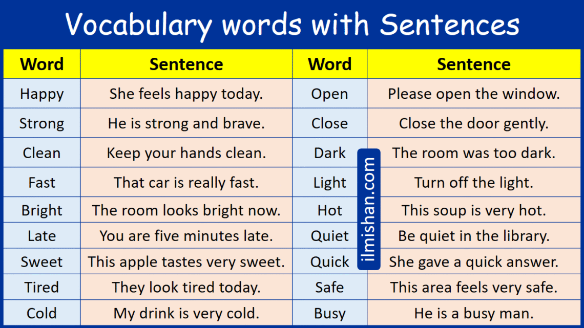 100 Vocabulary words with Sentences in English and Pictures