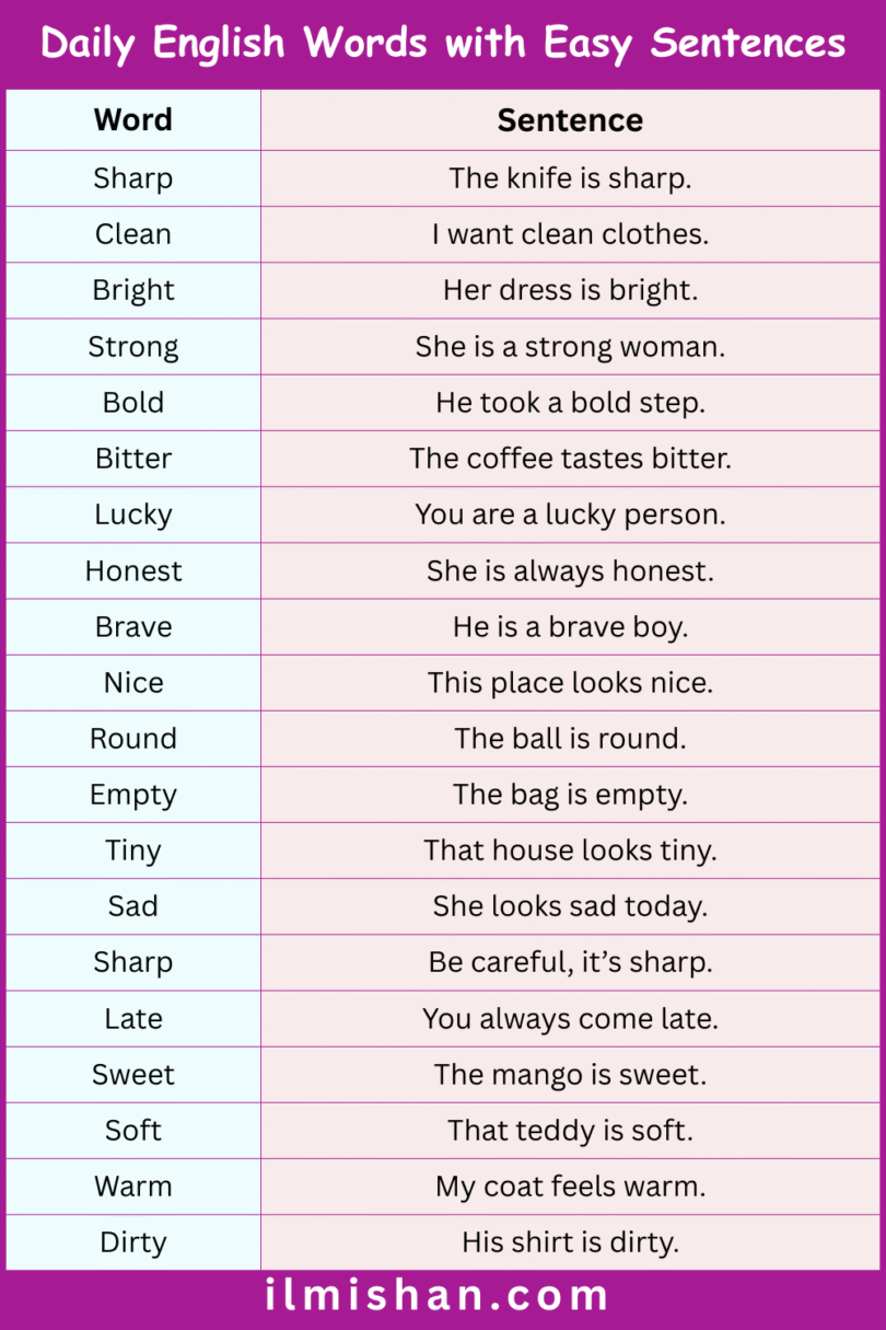 100 Vocabulary words with Sentences in English and Pictures