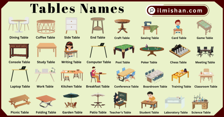 60 Tables and their Names in English and Pictures